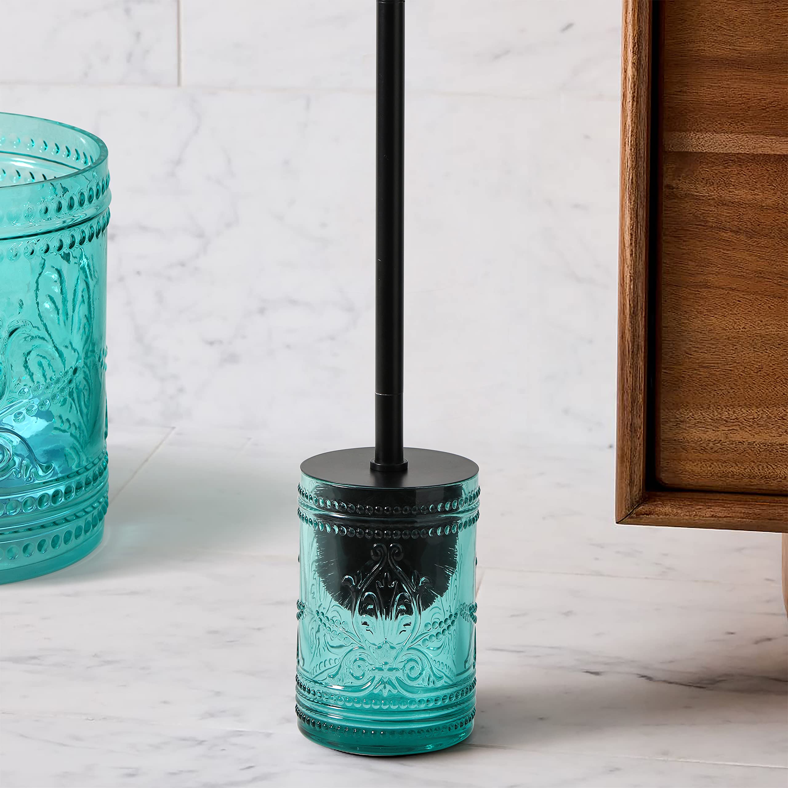 KMwares Glass Decorative Toilet Bowl Cleaner Brushes and Holde/Wastebasket for Bathroom Accessories Storage/Organization/Decoration- Teal Blue (Brush and Holder and Wastebasket)