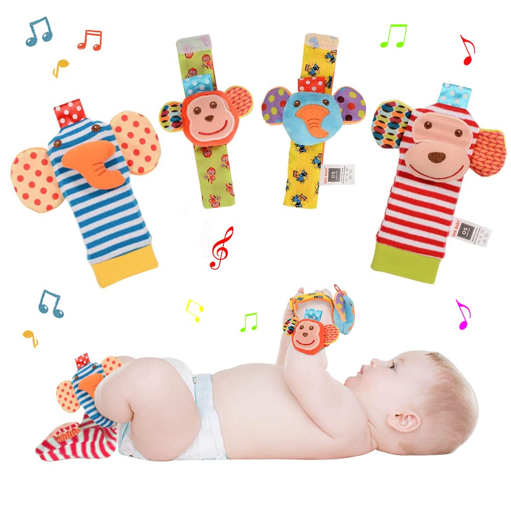 Baby Soft Rattles Toys,Infant Sensory Development Hand Grip Toys,Cute Stuffed Animal Handbells for Baby Gift(4 Pack)