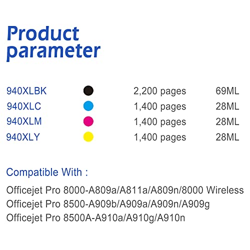 EASYPRINT (2BK/2C/2M/2Y) Compatible 940 940XL Ink Cartridge Used for HP Officejet Pro 8000/8500/ 8500A Printer (8 Pack,High Yield)