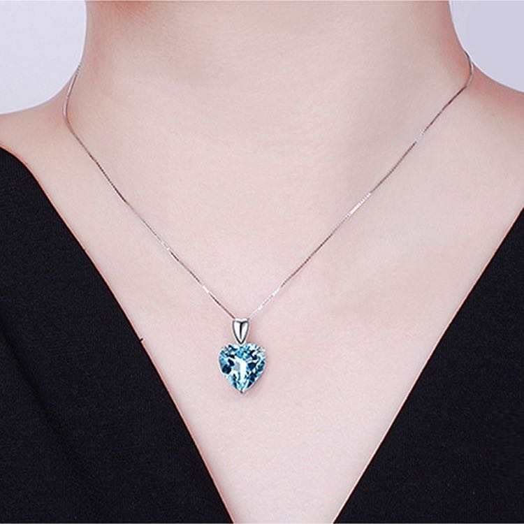 Blue Crystal Topaz Pendant Ocean Heart Shaped Necklace 925 Silver