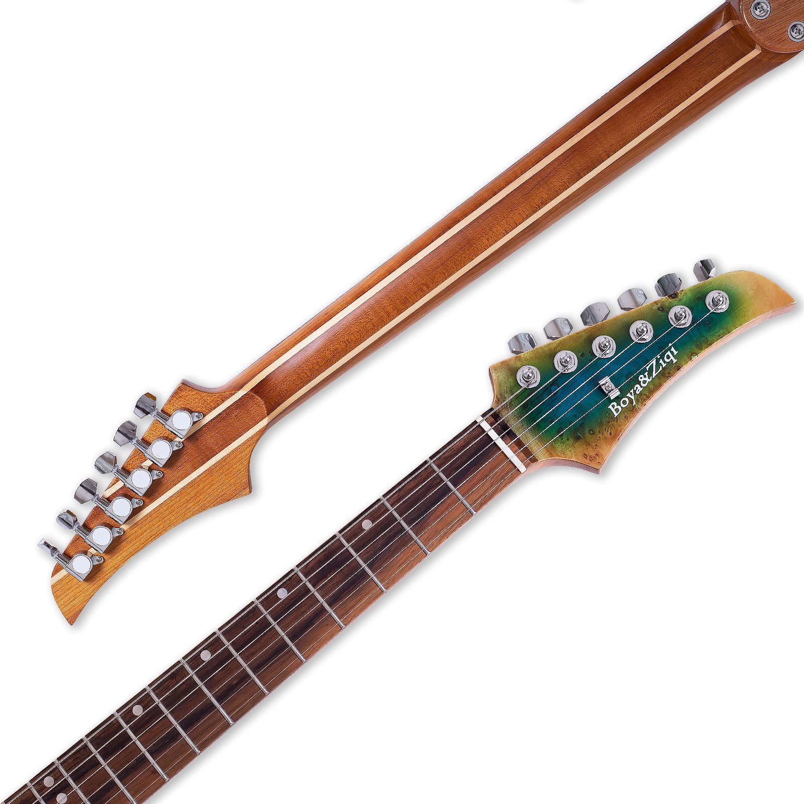 Boya&Ziqi BZK-024 Electric Guitar, Stainless Steel Frets (Hand Polished), Push-Pull Volume Control,5 Piece Roasted Maple/Maple Neck,Mahogany Body Topped with Burl Venner (Summer Ocean, Right)