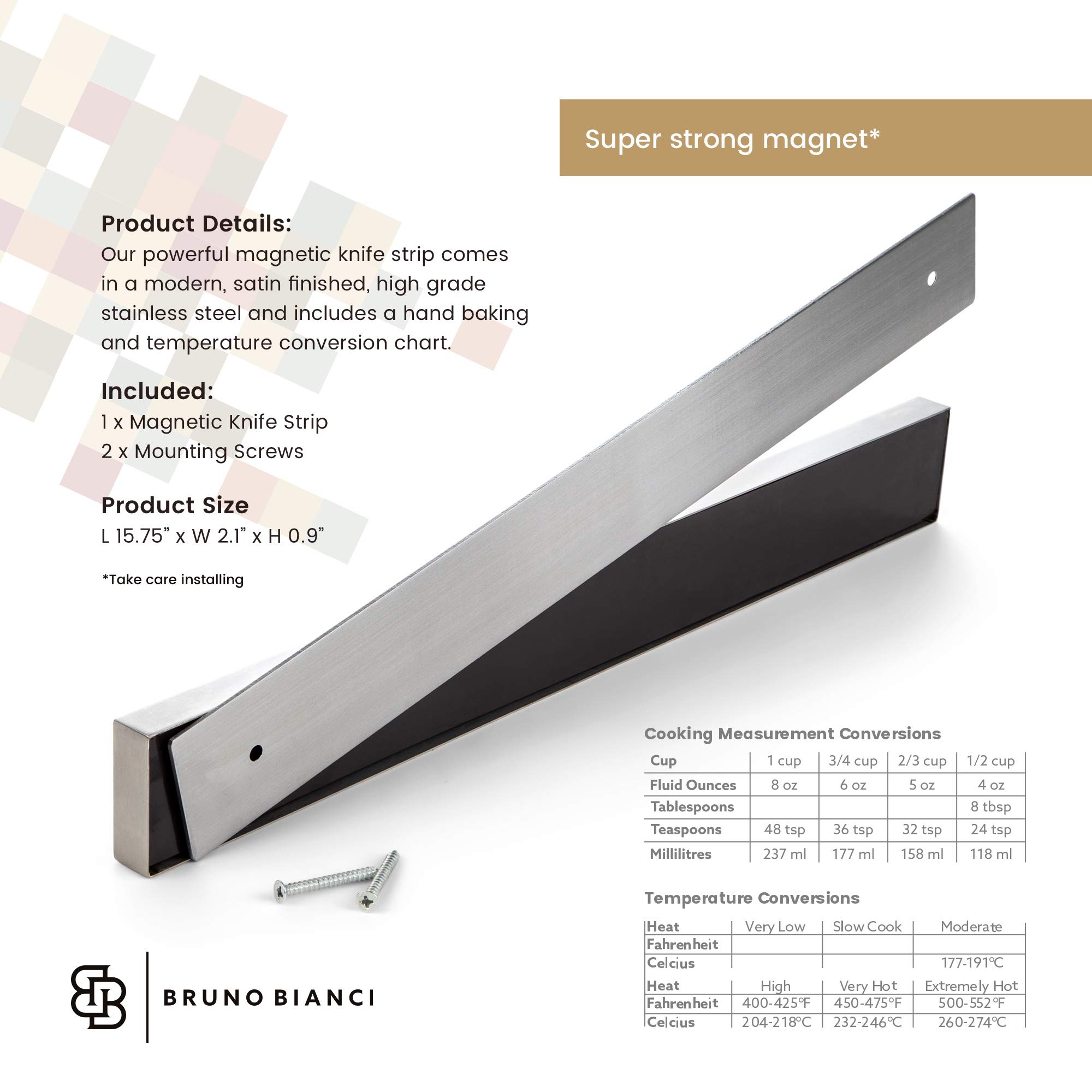 Bruno Bianci Magnetic Knife Strip with Cooking Conversion Charts -16 Inch Premium Wall-Mounted Knives Organizer, Space-Saving Kitchen Utensil Holder for Home Cooks and Master Chefs