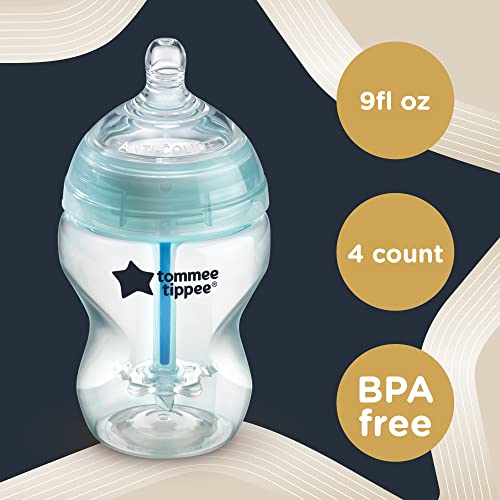 Tommee Tippee Anti-Colic Baby Bottles, Slow Flow Breast-Like Nipple and Unique Anti-Colic Venting System, 9oz, 4 Count, Clear