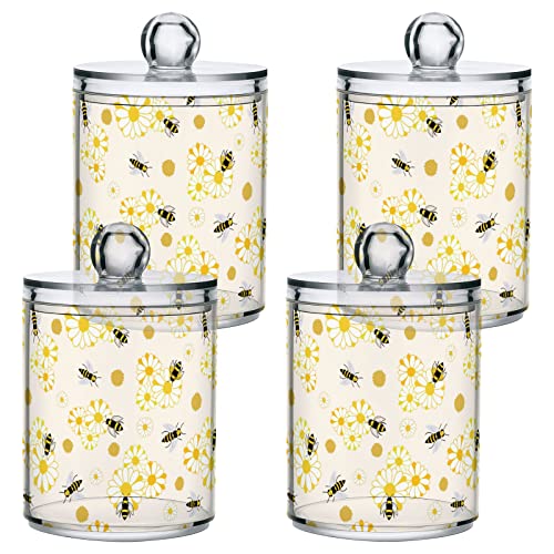MNSRUU 2 Pack Qtip Holder Organizer Dispenser Cute Bee Bathroom Storage Canister Cotton Ball Holder Bathroom Containers for Cotton Swabs/Pads/Floss