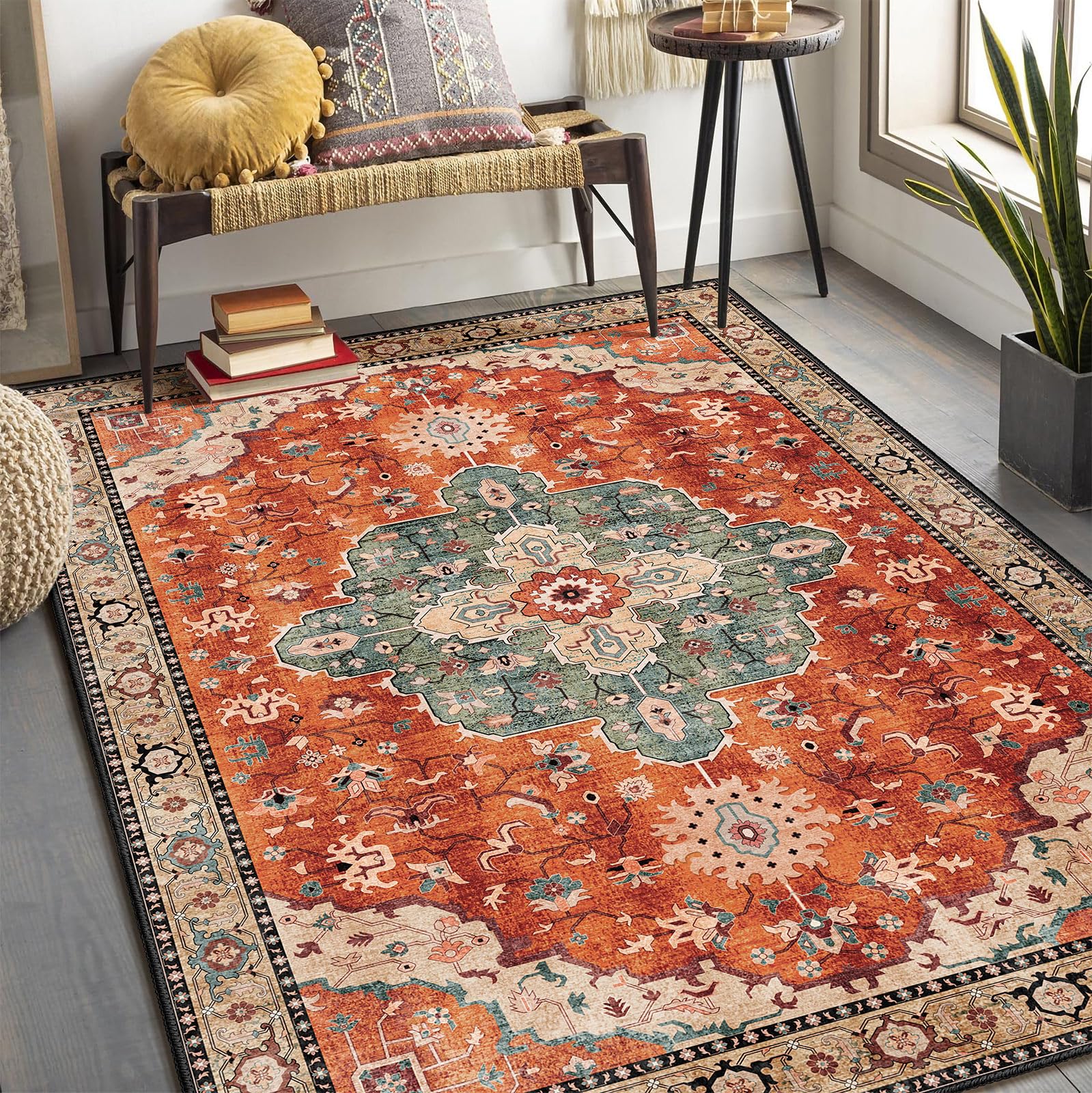 Castage Boho Rug 3x5,Washable Area Rugs for Bedroom Living Room Kitchen Entryway,Small Vintage Bohemian Distressed Non Slip Oriental Tribal Carpet,Retro Rust