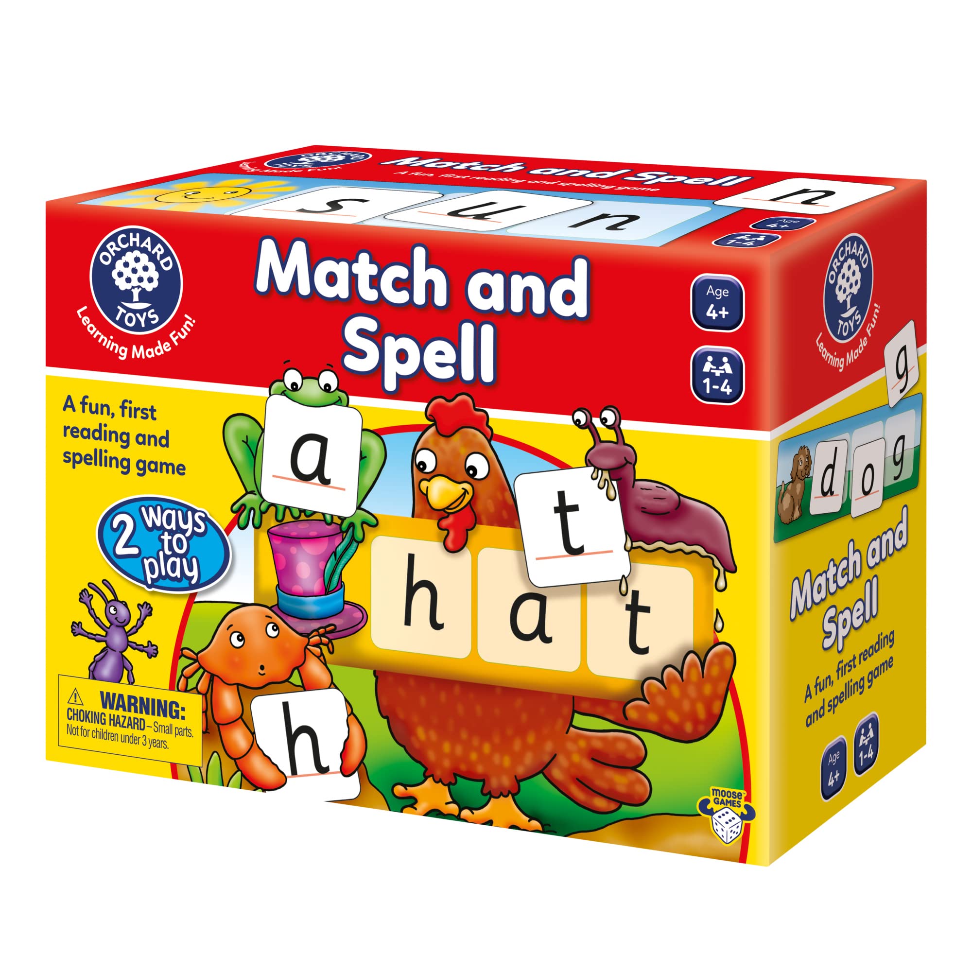 ORCHARD TOYS Moose Games Match and Spell Game. A Fun, First Reading and Spelling Game. 2 Ways to Play. Age 4+. 1-4 Players
