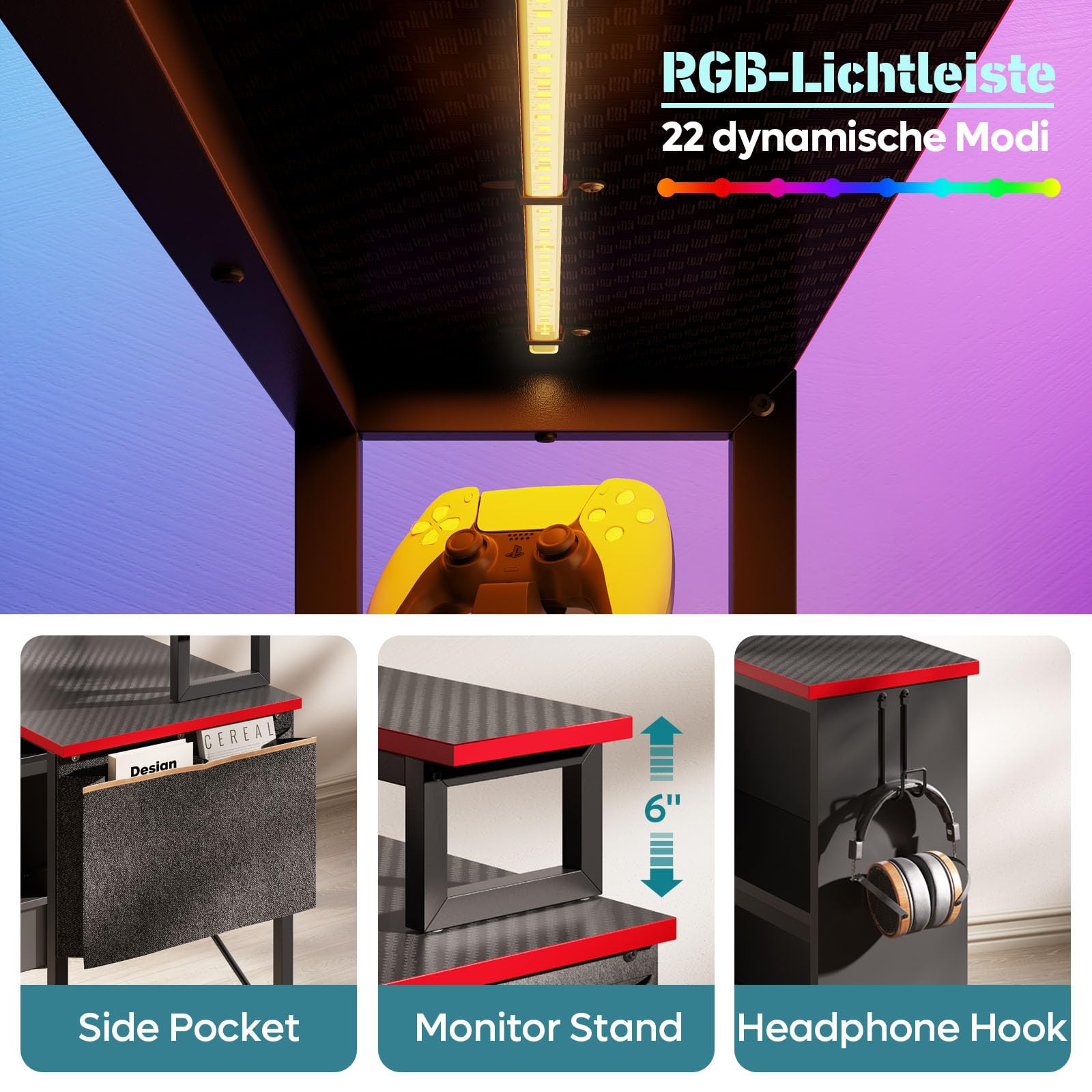 Bestier L Shaped Gaming Desk with Storage Shelves, 42 Inch Reversible Corner Computer Desk with LED Lights, PC Gaming Table with Side Storage Bag & Monitor Stand for Bedroom