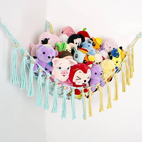 Stuffed Animal Net or Hammock Hanging- Macrame Toy Hammock Stuff Animals Storage Large Corner Plush Toys Net Holder for Boho Nursery, Playroom, Kids Bedroom Organizer
