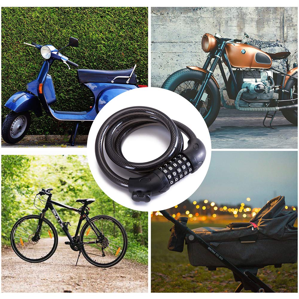 Bike Lock Bicycle Lock Chain ,5-Digit Combination Lock Core Steel Wire Bike Lock Security&Portable Bicycle Locks,1.1m x 1/2 inch (Black)