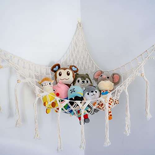 Stuffed Animal Hammock, Toy Hammock Stuffed Animal Net with Tassels Macrame, Corner Plush Toys Net Holder Hanging Net Storage Organizer for Boho Nursery, Play Room, Kids Bedroom