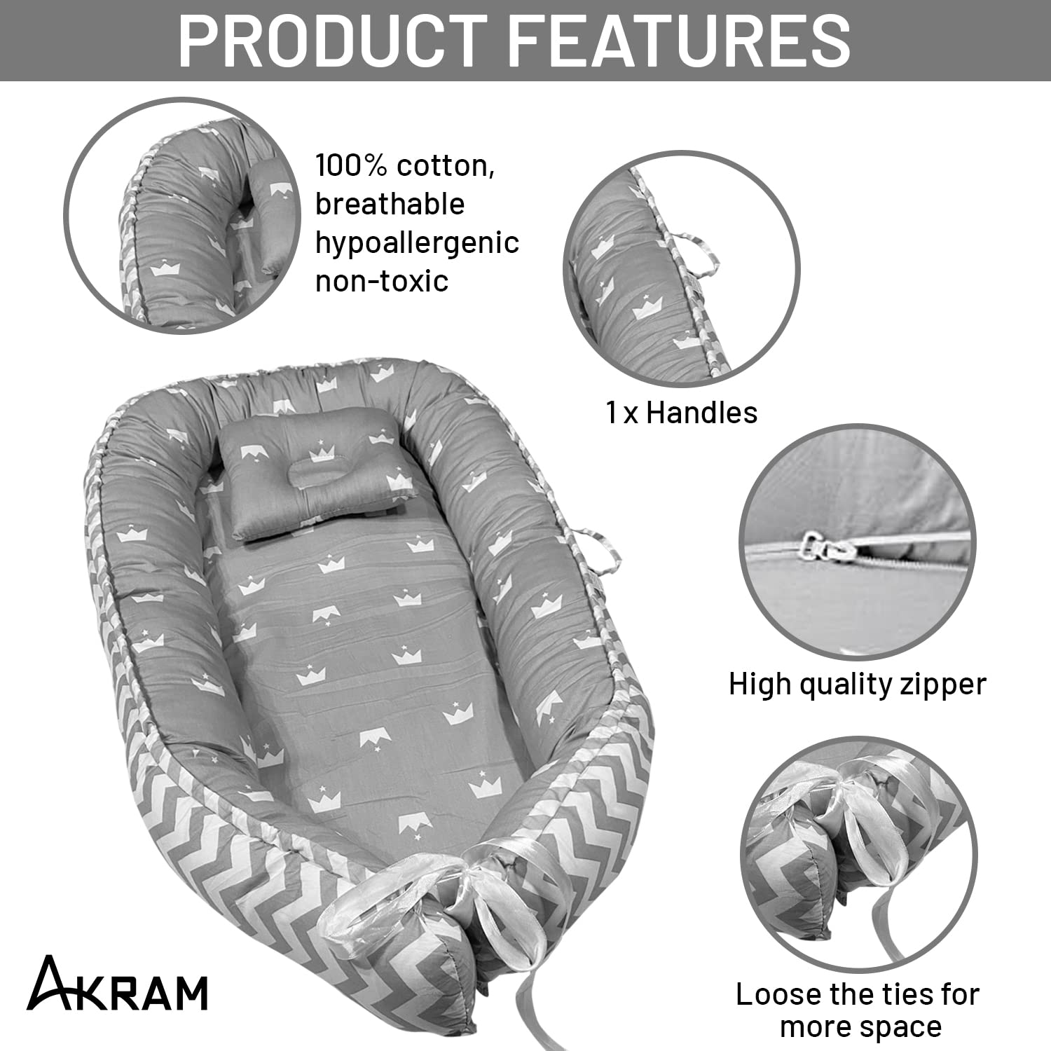 Baby Nest Co-Sleeping Lounger, Portable and Comfortable Nest for Baby, Nest for Baby, Co-Sleeping Bed (0-12M) (Grey Wave Crown)