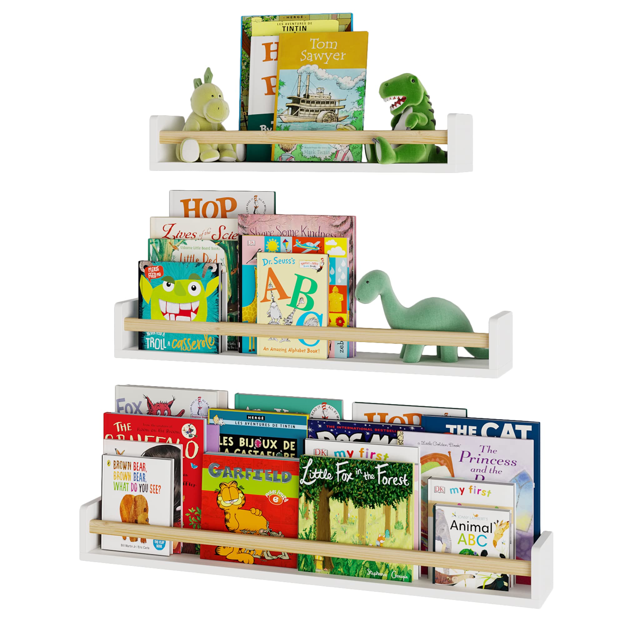 Wallniture Madrid Multisize 36''-30''-24'' Floating Bookshelves Kids Room Bookshelf Nursery Shelves Set of 3, White
