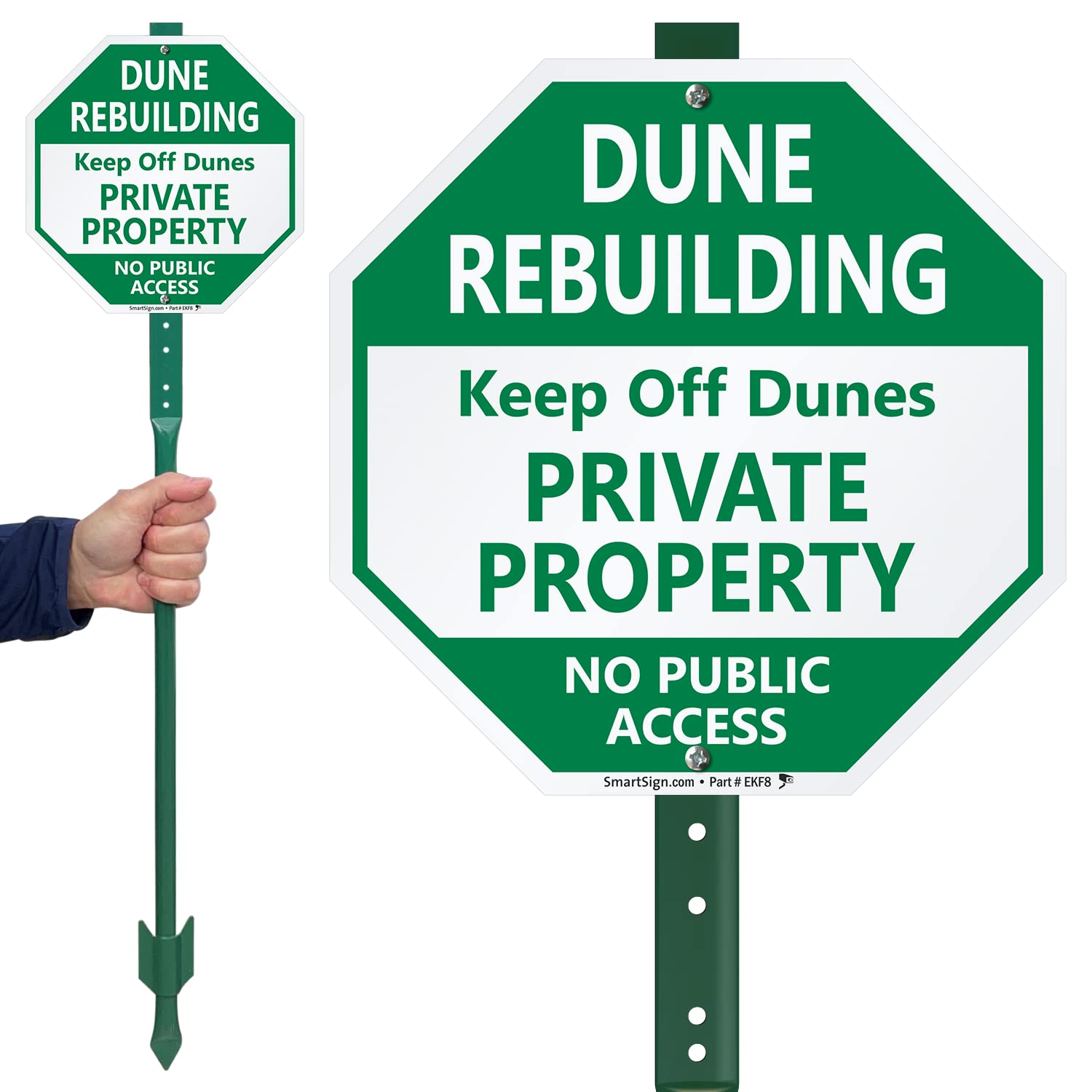 SmartSign 10" x 10" 'Dune Rebuilding Keep Off Dunes, Private Property, No Public Access' LawnBoss Yard Sign with 3 ft Stake, 40 mil Laminated Aluminum, Green/White, Set of 1, USA-Made