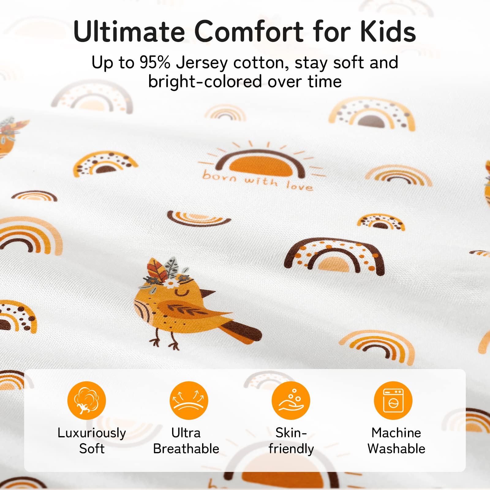 besrey Pack N Play Sheets, Premium Stretch Fitted Portable Mini Cribs Playards Sheets, Ultra Soft Breathable Jersey Knit Cotton Blend, 2 Pack with Storage Bag for Baby Girl& Boy(Boho Rainbow Birds)
