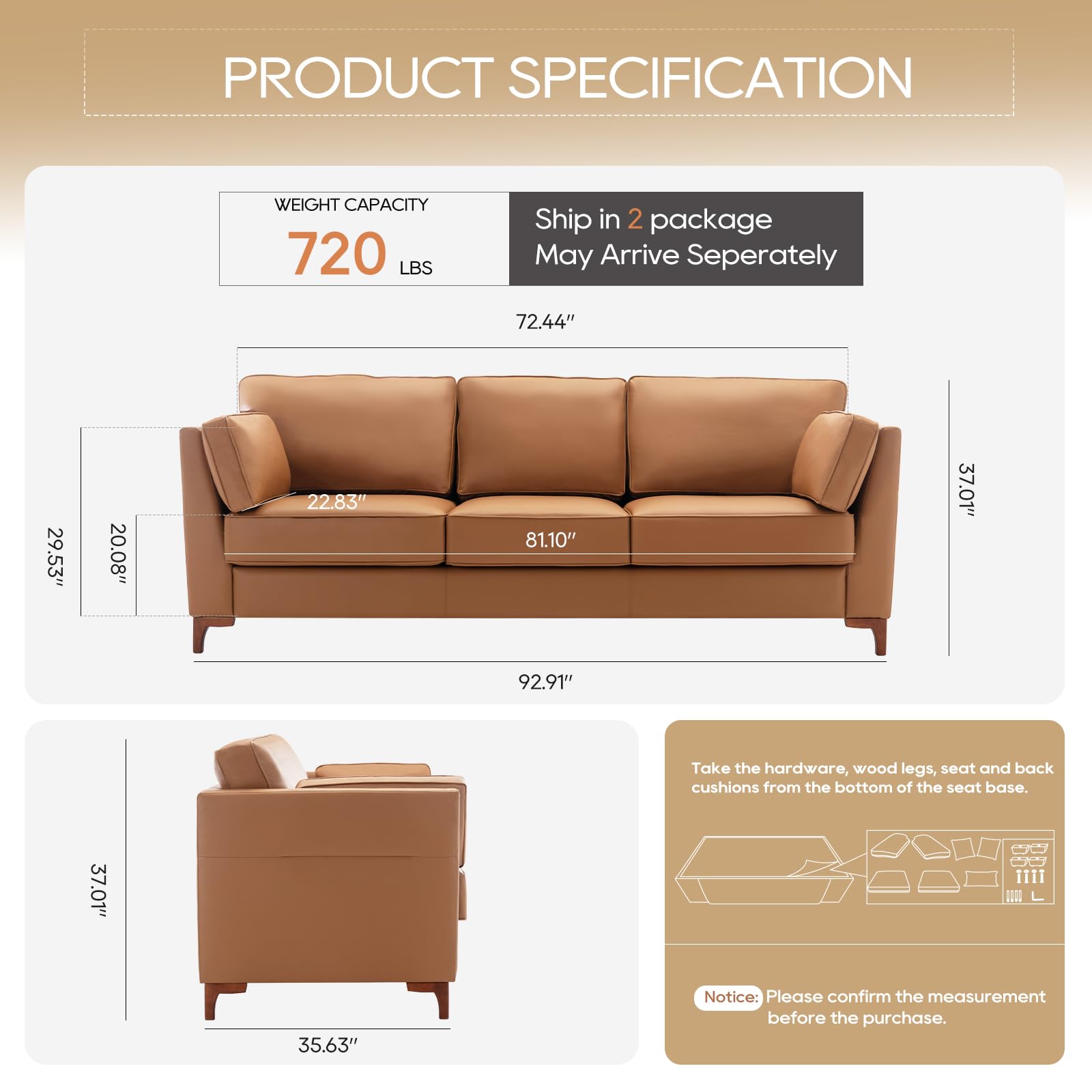 COLAMY 93" Mid-Century Modern Faux Leather Sofa,Oversized 3-Seater Couch with Comfy Cushions and Wood Legs for Living Room, Bedroom, Office, Apartment, Brown