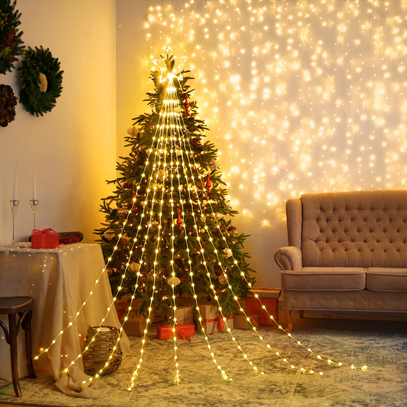 Outdoor Christmas Star String Lights, 16.4Feet Smart RGB Waterfall Tree String Light with APP Remote Control, 317LED DIY Timer Music Sync Shooting Star Lights for Indoor Outdoor Garden Decoration