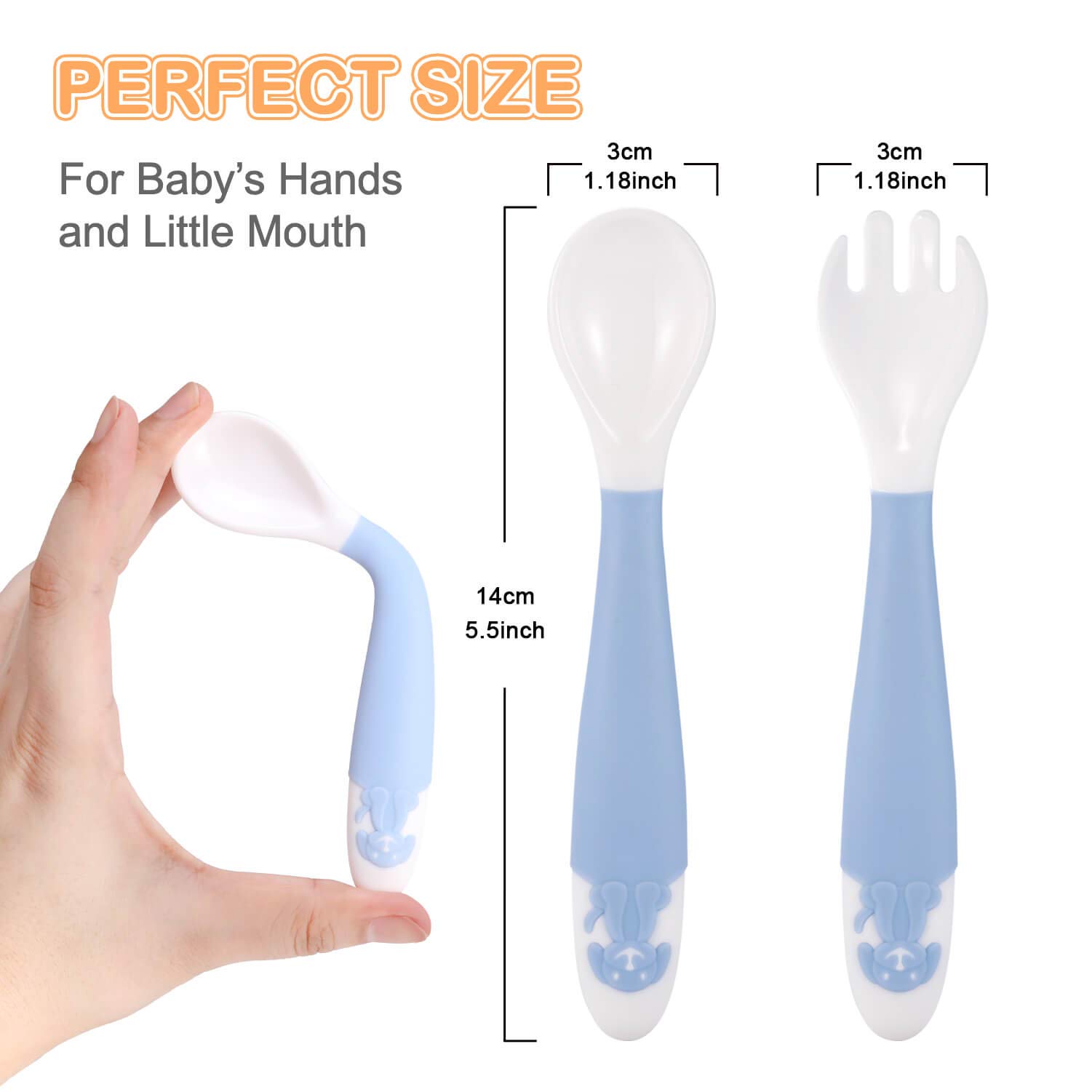 Baby Toddler Forks and Spoons for self-Feeding - Kids and Infant Training Cutlery Utensils Set, Babies First Self Feeding Learning Tableware Easy Grip Bendable with Travel Safe Case (Blue)