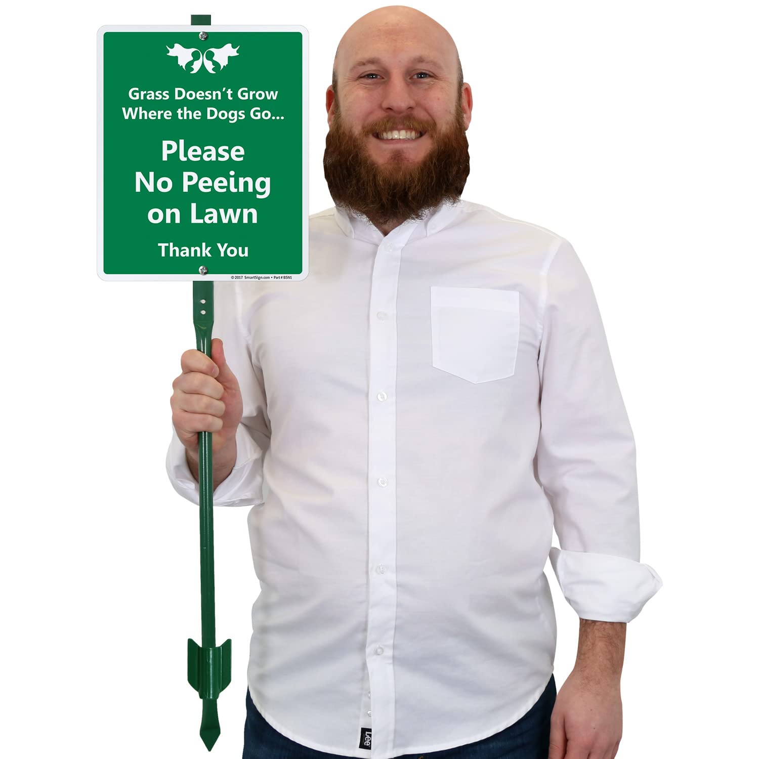 SmartSign 12 x 10 inch “Grass Doesn't Grow Where The Dogs Go - Please No Peeing On Lawn” LawnBoss Yard Sign with 3 foot Stake, 40 mil Laminated Rustproof Aluminum, White and Green, Set of 1, USA-Made