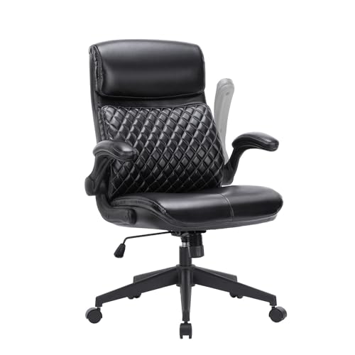 COLAMY Ergonomic Office Chair, Executive Desk Chair, Leather Office Chair with Padded Flip-up Arms, Adjustable Height Swivel Rolling Work Chair-Black