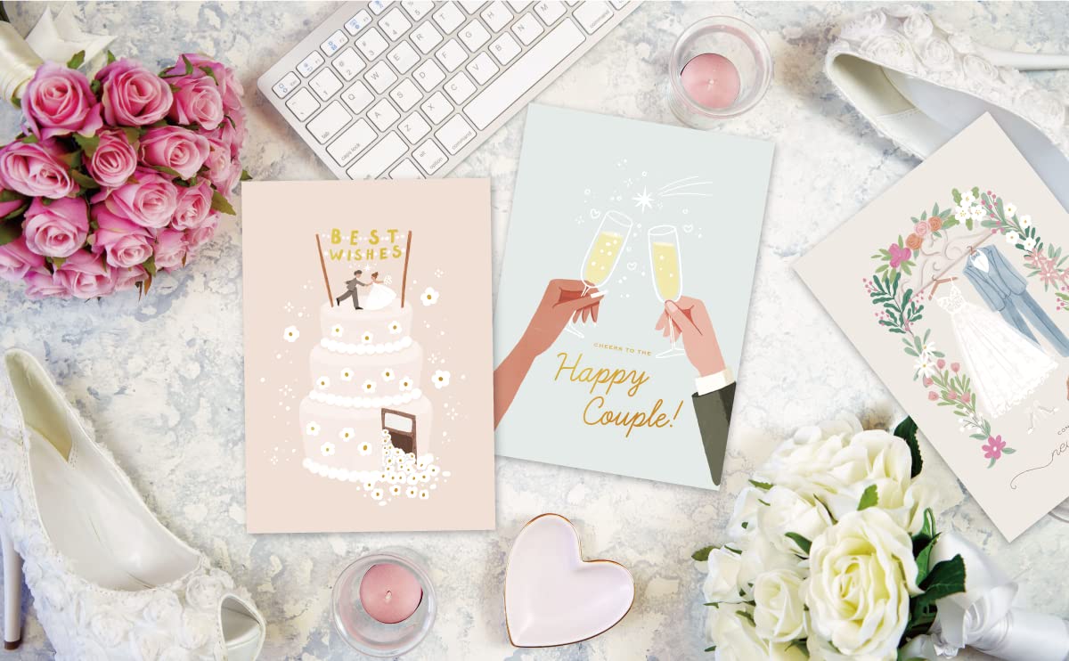 Wedding Cards for the Bride and Groom with Envelopes 5”x7”, Pack of 10 Assorted Cards, Blank Notes for Wedding Congratulations Card Bridal Showers Engagement Parties, Chic Designs with Real Gold Foil