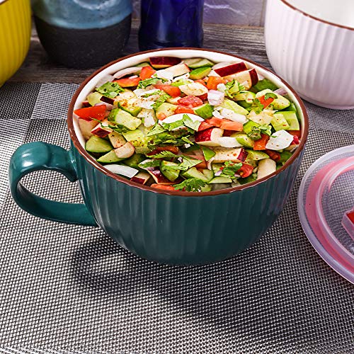 BOSILI Ceramic Bowl with Lid & Handle, 24 OZ Porcelain Soup Noodle Bowl with Lid, Microwave for Instant Noodle Sara, Cereal Bowl(Green)