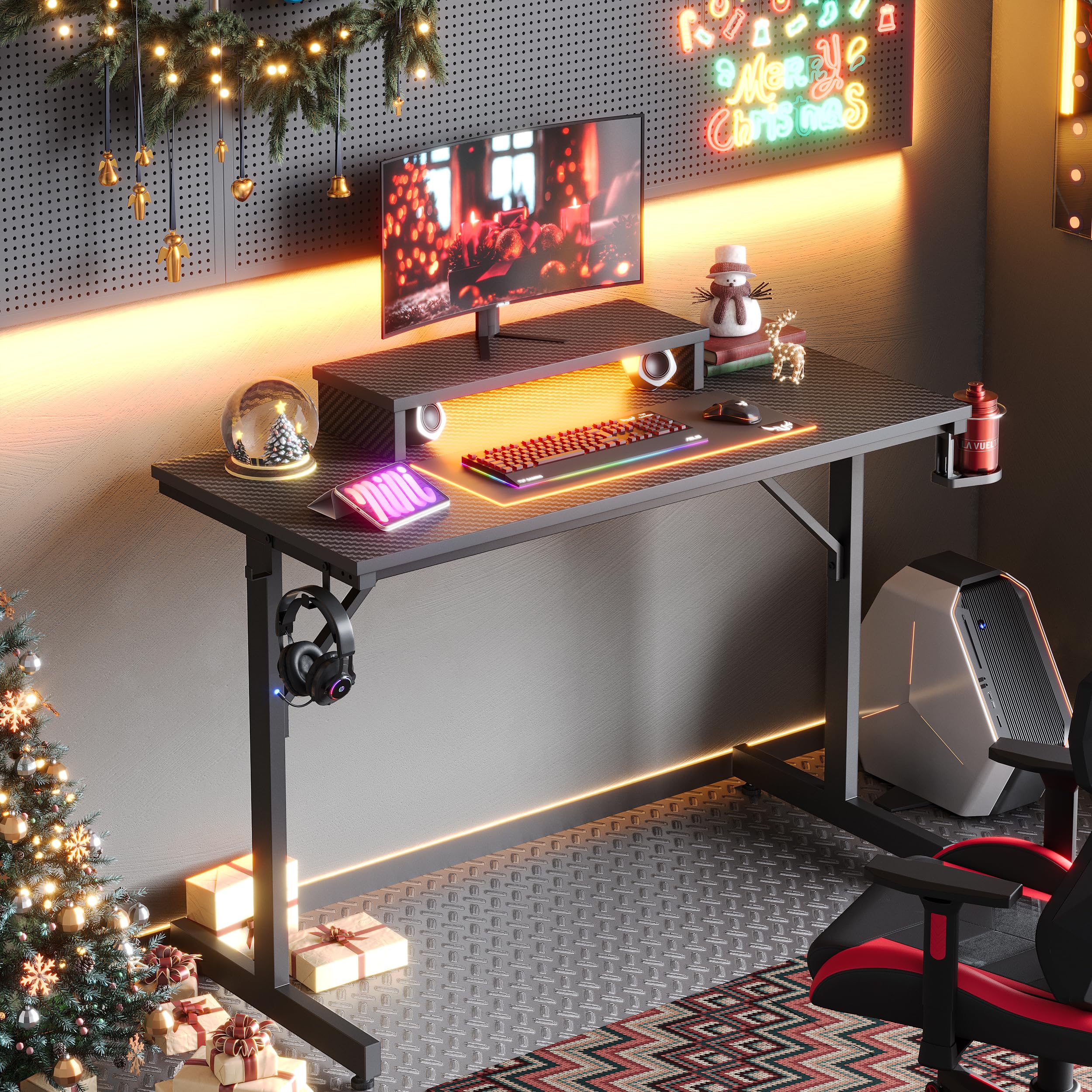 Bestier Small Gaming Desk with Monitor Stand, 42 inch LED Computer Desk, Gamer Workstation with Cup Holder & Headset Hooks, Modern Simple Style Desk for Home Office, Carbon Fiber Black