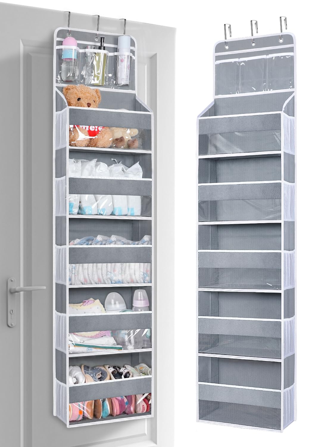 BLOROOM Over the Door Organizer Hanging Storage with 3 clear slip pockets and 5 Large Pockets 10 Side Pockets Closet Door Organizer Heavy Duty Baby Organization for Bathroom,Pantry,Bedroom,Nursery
