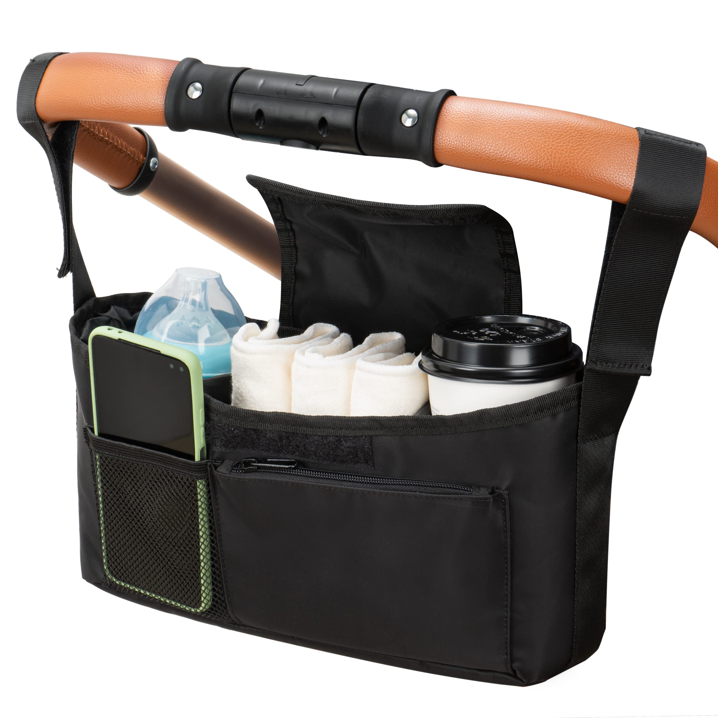 CGACOL Stroller Organizer Storage Bag With Cup Holder Phone Bag Universal Stroller Caddy Adjustable Straps to Fit Most Stroller Rods And Handles (Black)