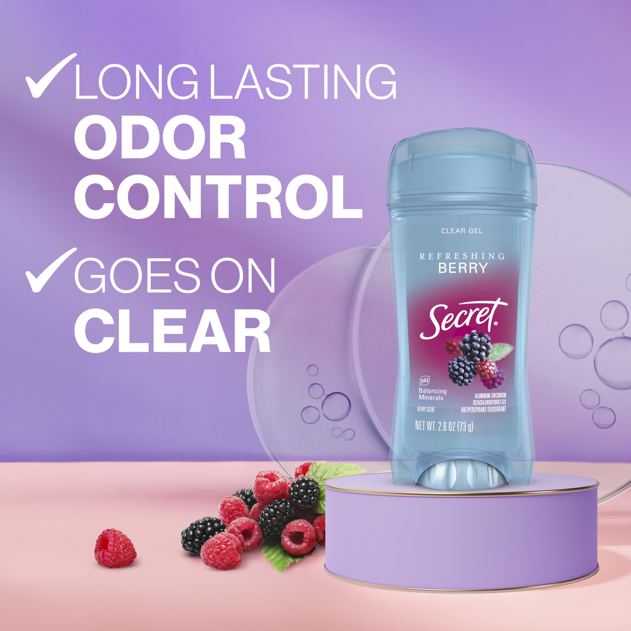 Secret Fresh Antiperspirant Deodorant for Women, 72hr Breathable Sweat & Odor Protection, Instant Freshness & Gentle, PH Balancing Minerals, Clear Gel, Refreshing Berry Scent, 2.6 oz (Pack of 2)