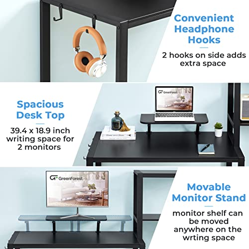 GreenForest Computer Desk 59 inch with Storage Printer Shelf Reversible Home Office Desk with Movable Monitor Stand and 2 Headphone Hooks for Study Writing PC Gaming Working, Black