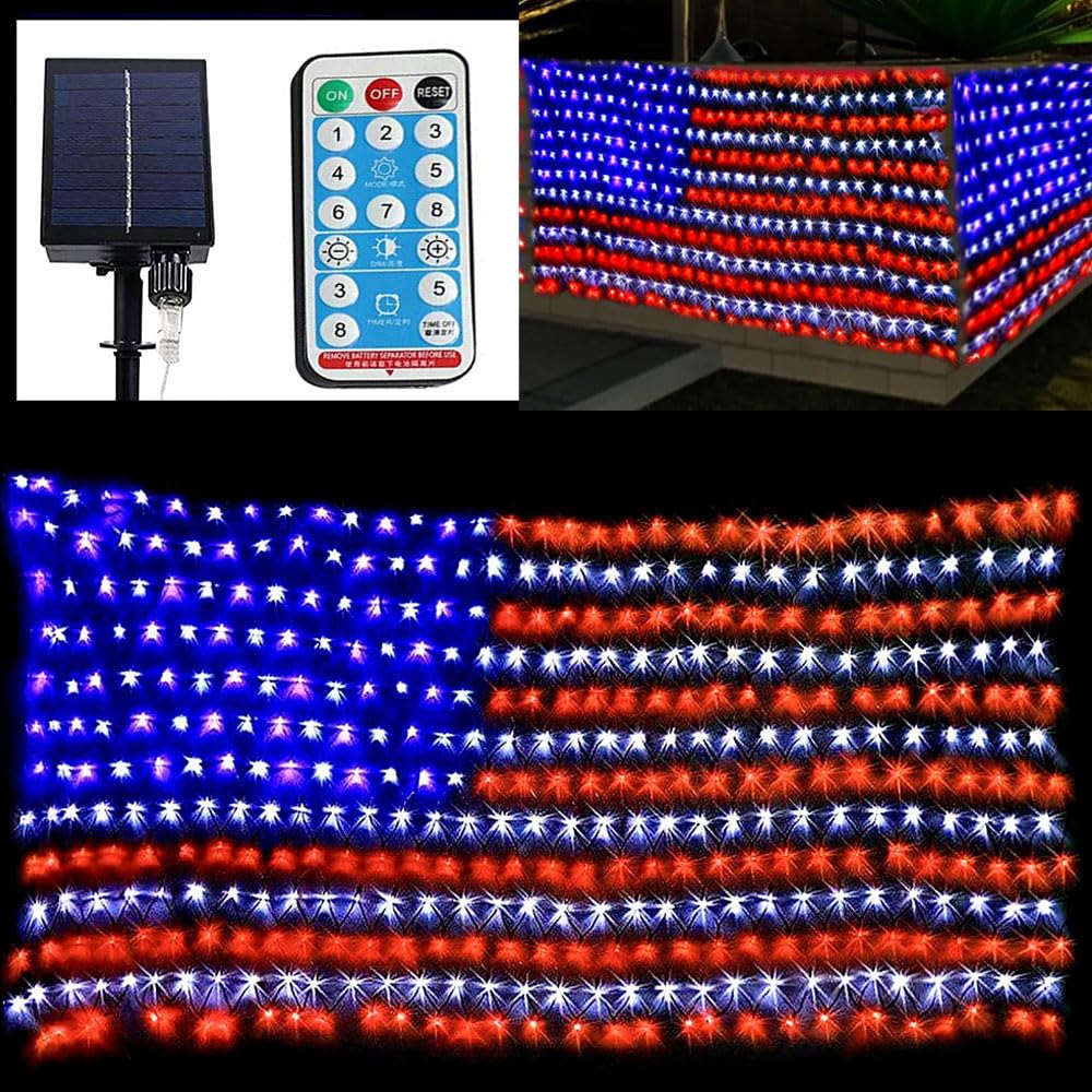 Qulist Solar Powered American Flag Lights, 420 LED Red White and Blue 4th of July Decorations Net Lights with Remote Control for Outdoor Indoor Independence/National/Memorial Day Patriotic Decor