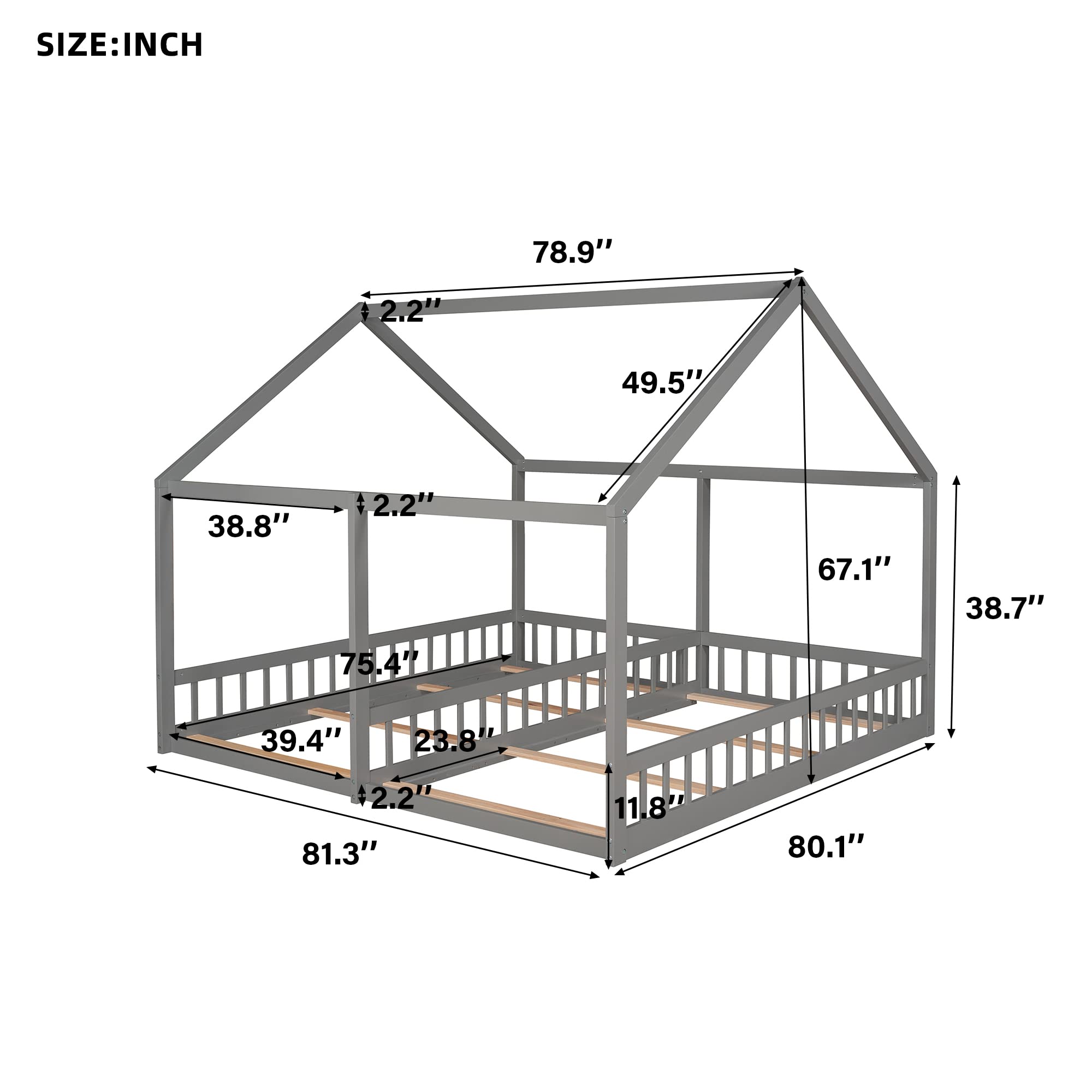 Twin House Bed for 2 Kids Wood Double Floor Beds Frame with Fence Railings Two Shared Beds for Boys Girls Teens, Twin Size, Gray
