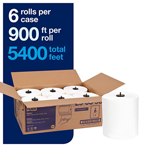 Tork Matic Soft Hand Towel Roll, White, Advanced, H1, Long-Lasting, High Absorbency, High Capacity, 1-Ply, 6 Rolls x 900 ft, 290095