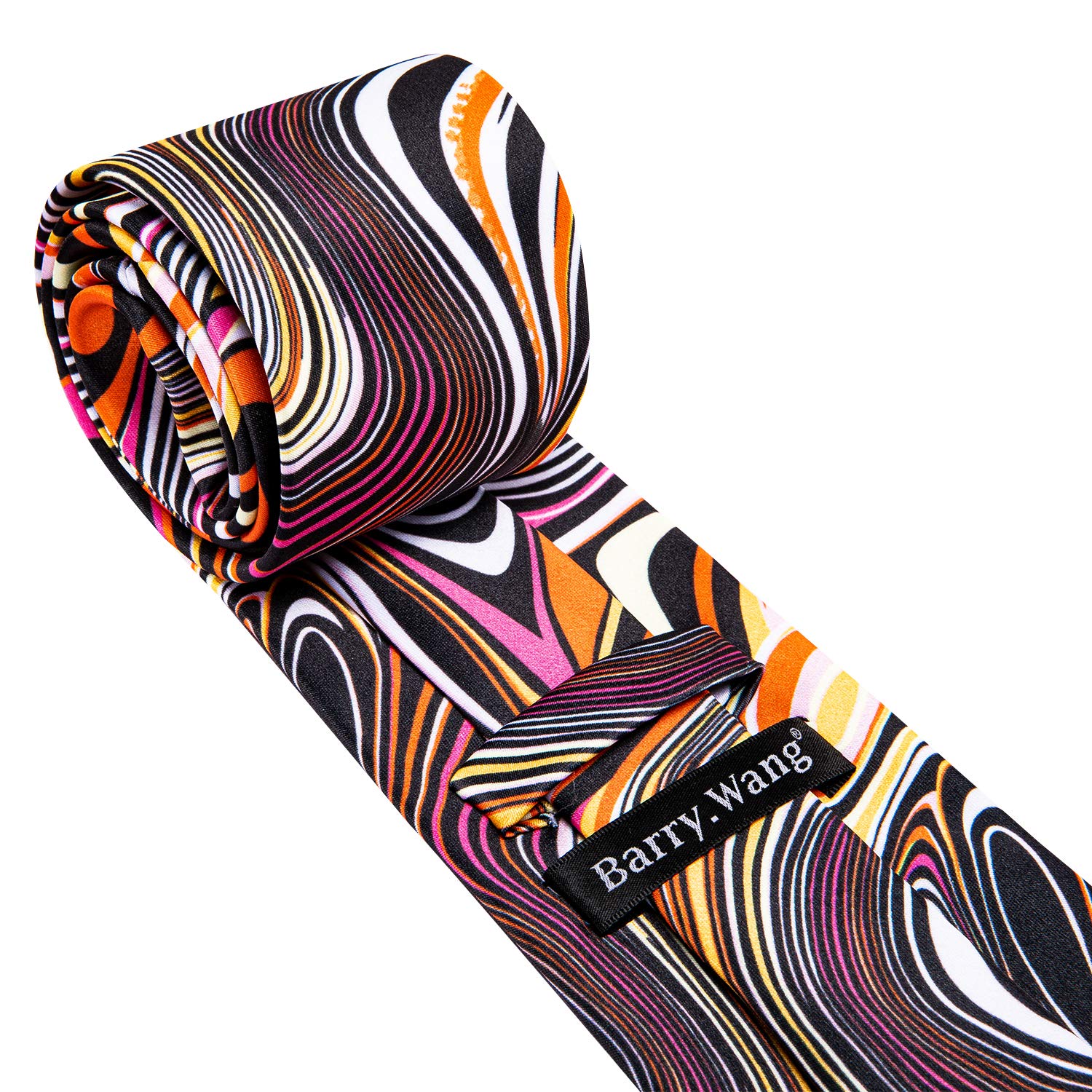 Barry.Wang Men Tie Set Print Orange Hot Pink Black Silk Necktie Pocket Square Cufflinks Formal Wedding Party Business