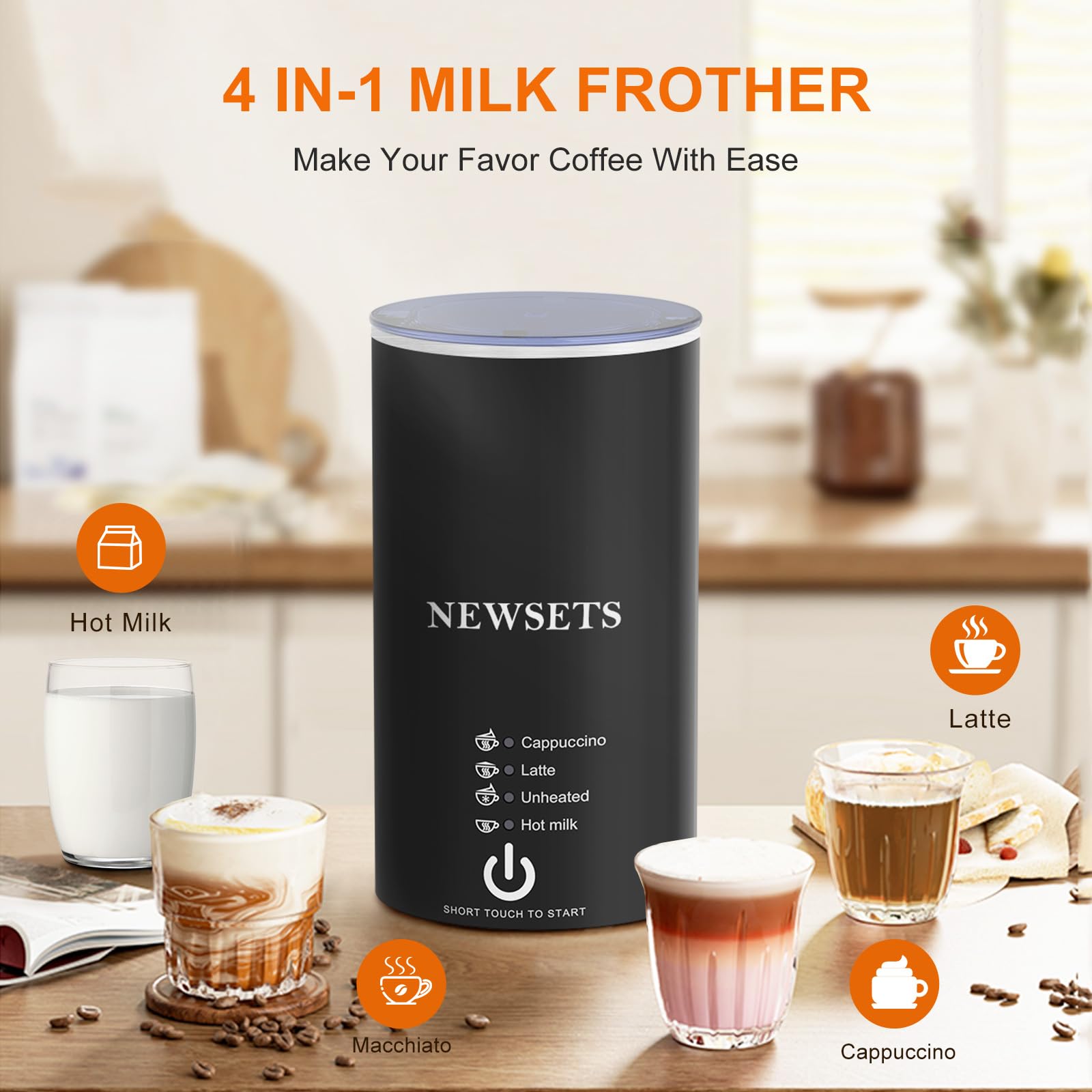 NEWSETS Single Serve Coffee Maker for K Cups and Ground Coffee, 4 in 1 Coffee Machine with Grinder and Milk Frother, 6 to 14oz Brew Sizes, 28oz Removable Water Reservoir, Self-cleaning Function, Black