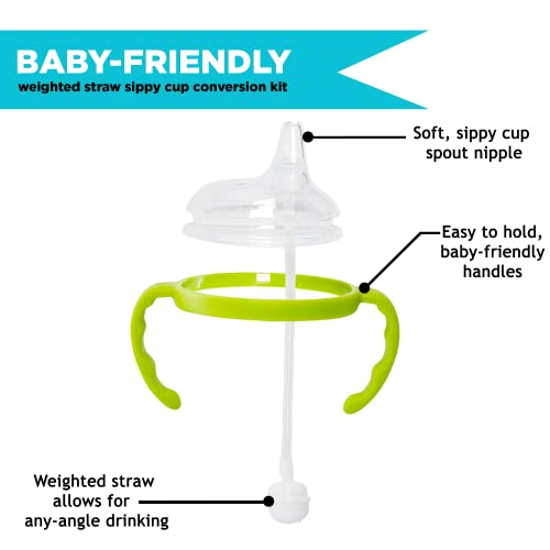 Soft Spout Transition Sippy Cup Kit for Comotomo Baby Bottles | Conversion Kit Fits 5 Ounce and 8 Ounce Bottles | Sippy Cup Baby Bottle Nipple with Weighted Straw and Bottle Handles (2 Pack, Green)