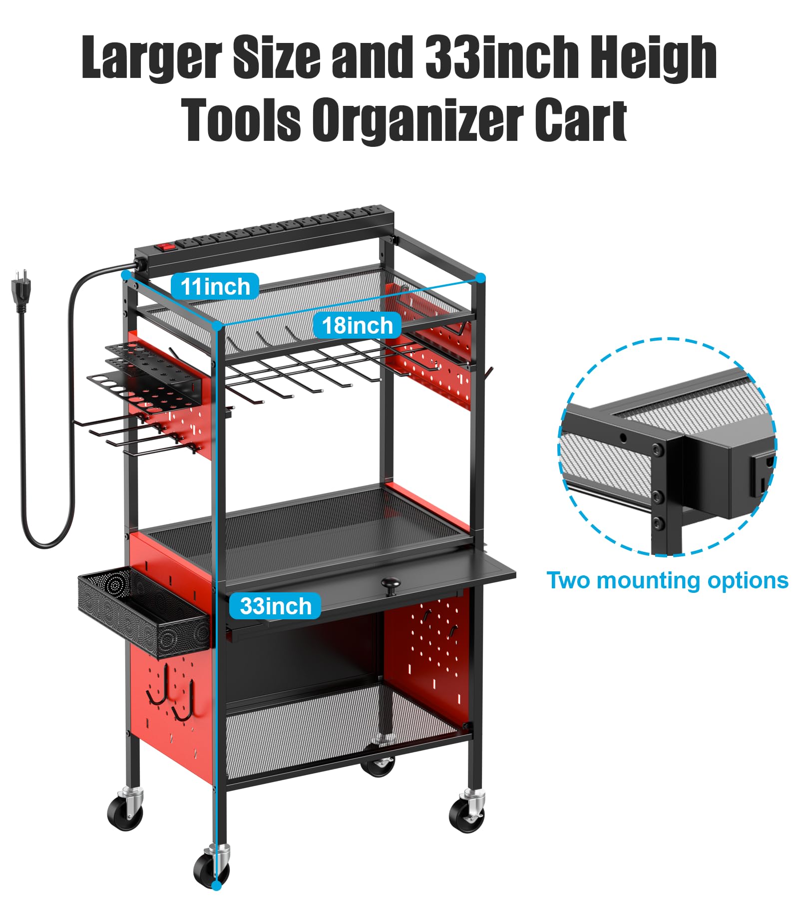 CCCEI Garage Power Tools Organizer Cart with Charging Station, Floor Standing Drill and Tools Battery Storage Cart with Cabinet. Utility Rack Gift for Men, Husband, Father Red.
