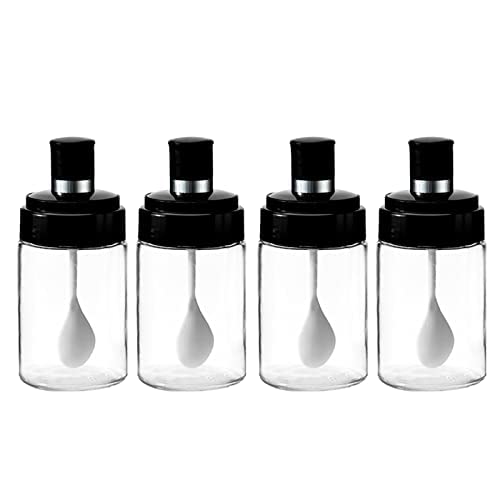Kitchen Clear glass Spice Jars Seasonning Box Set of 4 with Spoons, Seasoning Containers Bottles with Black Cap,10oz for Home and Kitchen (4)