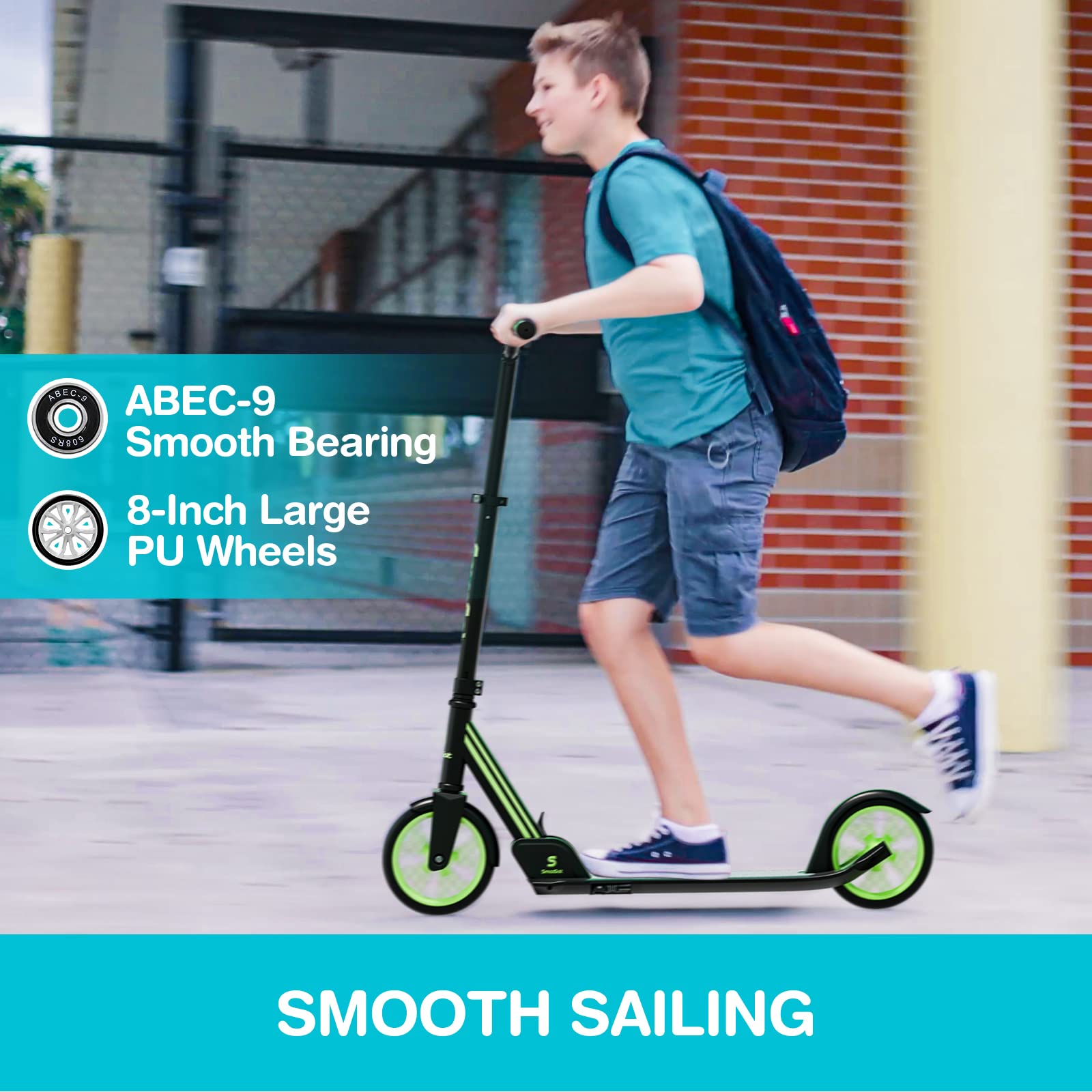SmooSat S8 Kick Scooter for Kids Ages 8+, Teens & Adults, Super Smooth Ride, Up to 220 lbs, Adjustable Height, Ergonomic Y-Type Handlebar, Ideal Gift