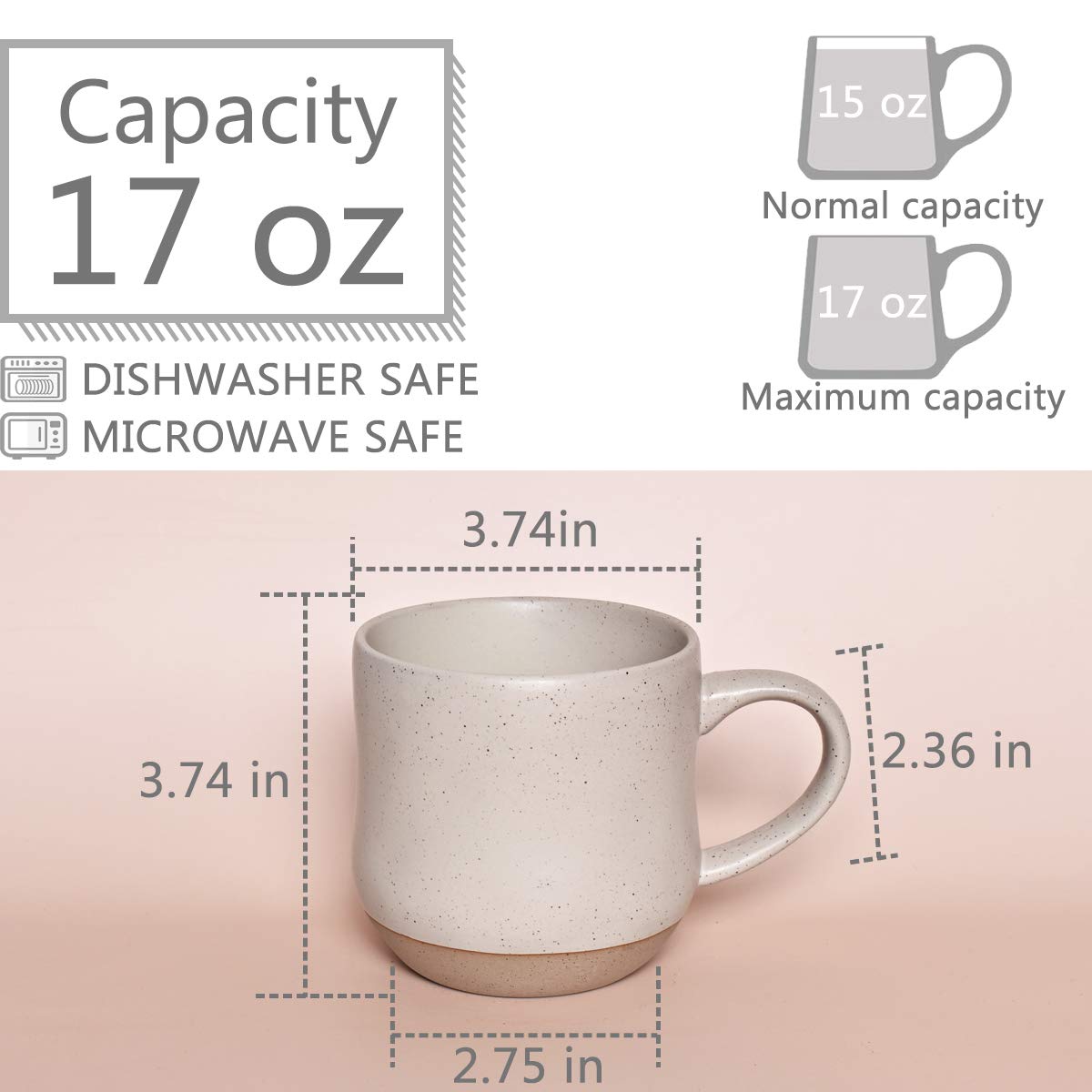 Bosmarlin Large Stoneware Speckled Coffee Mugs Set of 2, Big Ceramic Tea Cup, 17 Oz, Dishwasher and Microwave Safe (White, 2)