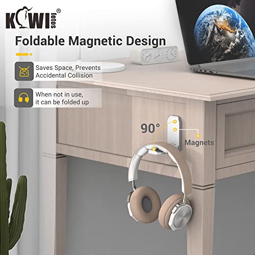 KIWIFOTOS 2 PackA dhesive Desk Headphone Hanger, PC Gaming Headset Holder Stand, Adhesive Holder Mount for Wall, Foldable Headphones Hook Mount Under Desk - White,Two Pack