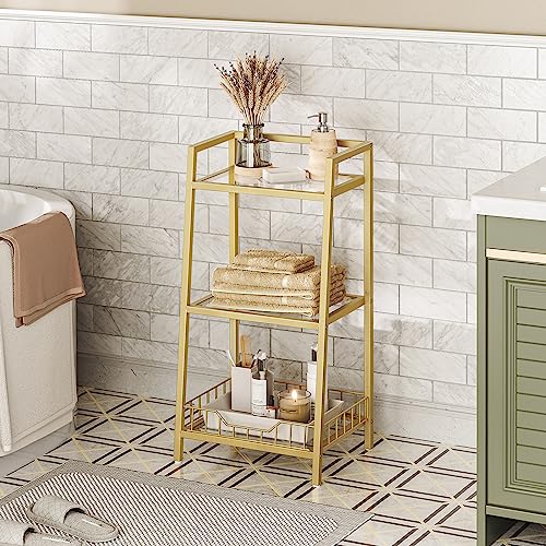 HOOBRO Gold Bookshelf, 3-Tier TemperedĀ Glass Bookcase, Bathroom Storage Stand, Record Storage Rack with Side Guards, Strong and Durable, for Bathroom, Bedroom, Living Room Modern Style, Gold GD77CJ01