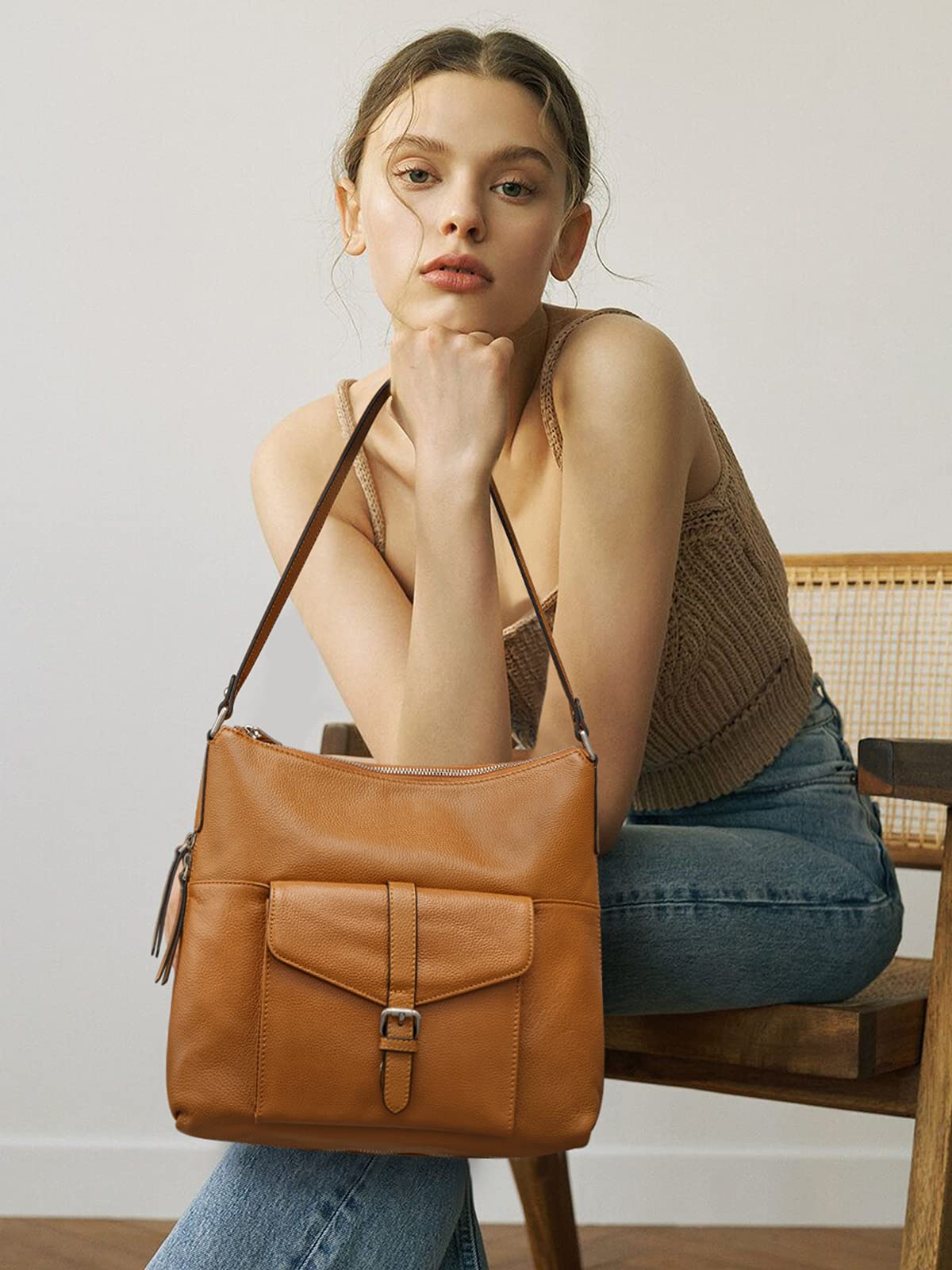 S-ZONE Women Genuine Leather Hobo Shoulder Purse and Handbags Top Handle Ladies Bag with Front Pocket