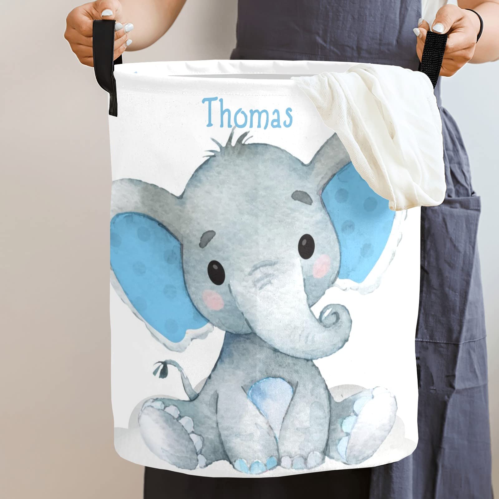 Blue Elephant Clouds Personalized Laundry Hamper,Custom Name Collapsible Waterproof Laundry Basket Storage Bins with Handle for Clothes,Toy,Nursery