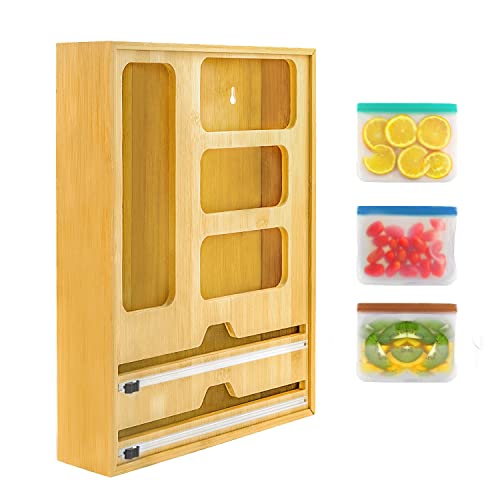 Klokliv Bamboo Ziplock Bag Storage Organizer with Sliding Lid,Foil and Plastic Wrap Organizer, Bamboo Aluminum Foil Dispenser With Cutter, 6 In 1 Sandwich Bag Organizer