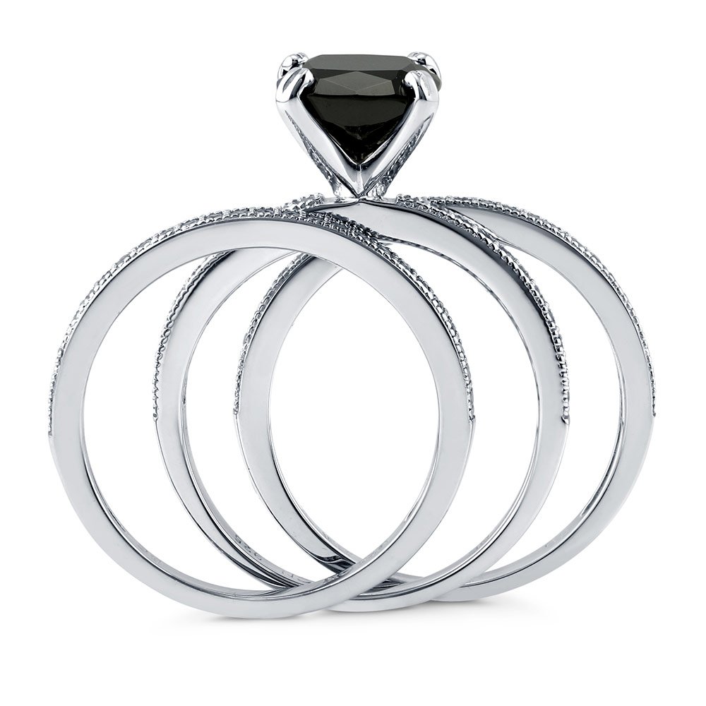BERRICLE Sterling Silver Solitaire 3 Carat Black Cushion Cut Cubic Zirconia CZ Stackable Fashion Ring Set for Women, Rhodium Plated Size 7