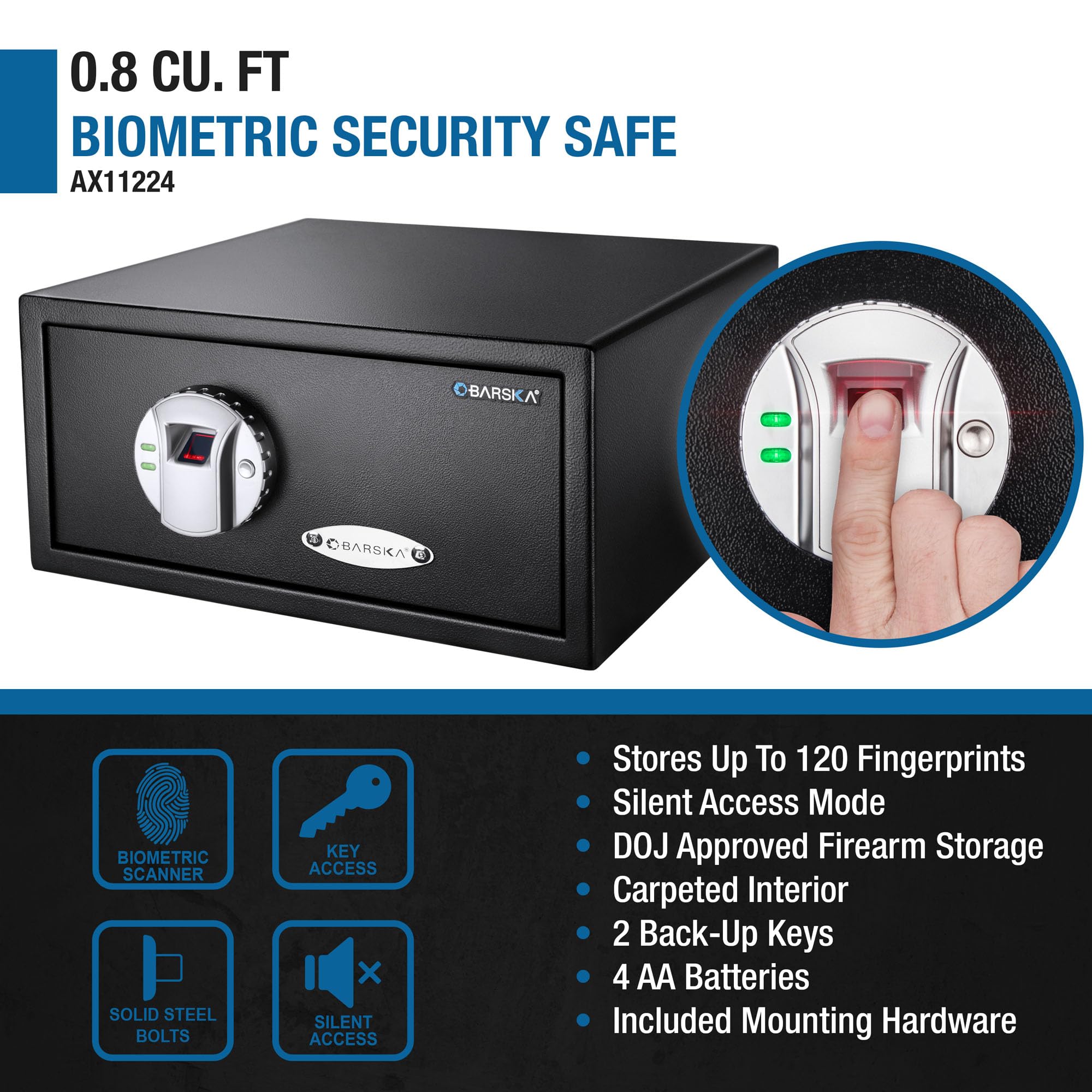 Barska AX11224 Biometric Fingerprint Security Home Safe Box 0.79 Cubic Ft, Black