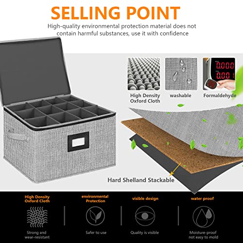 homyfort Wine Glass Storage Boxes with Dividers,China Storage Containers Stemware Chest Boxes Holds 12 Wine Glass or Crystal Glassware with Label Window and Handles,Hard Shell and Stackable (Grey)