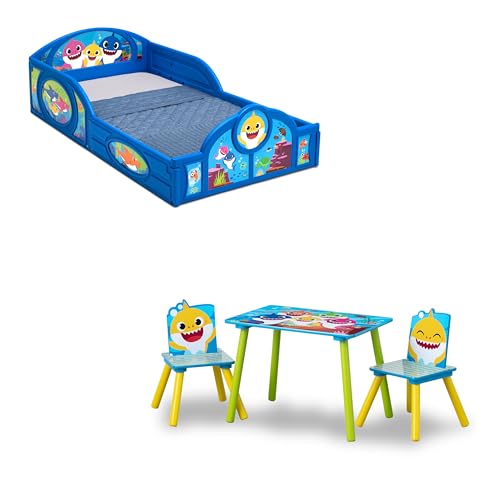 Baby Shark Plastic Sleep and Play Plastic Toddler Bed + Baby Shark Table and Chair Set by Delta Children (Bundle)