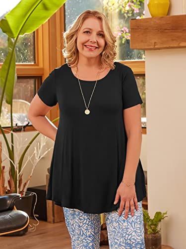 LARACE Plus Size Tops for Women Short Sleeve Shirts Casual Summer Clothes Round Neck Tunics for Leggings (3X, Black)